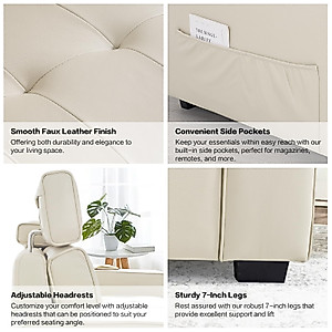 BEDHOURS 83" Sofa Couch, Handcrafted Faux Leather 3-Seat Sofa, Mid Century Modern Couch, Comfort Deep Seat Sofa with Side Pocket & Adjustable Headrest for Living Room Apartment Office, Beige