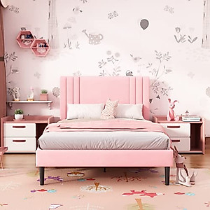 Daznzn Twin Platform Bed Frame with Headboard and No Box Spring Needed, Velvet Upholstered Bed Frame with Strong Wood Slats Support, Noise Free, Strong Weight Capacity, Easy Assembly, Pink