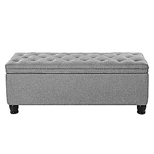 SONGMICS Storage Ottoman, 46.5 Inches Long Bed End Stool with Storage, Solid Wood Legs, Buttons Decoration, Non-Slip Foot Pads, 330.6 lb Load Capacity, Light Gray ULOM070G02