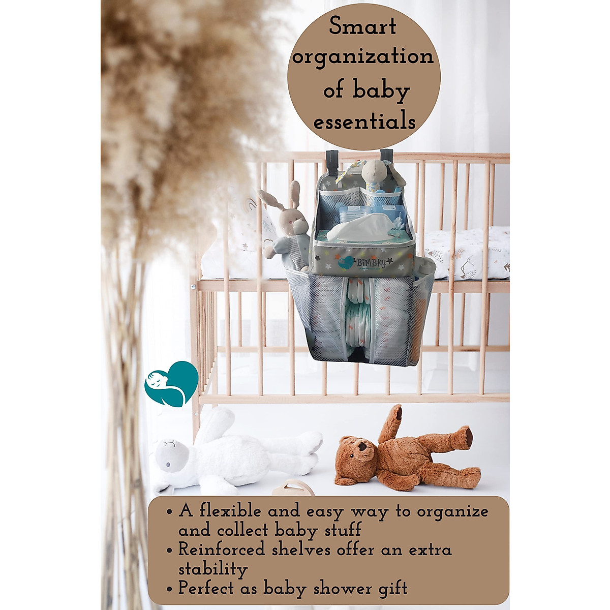 BiMBKy Hanging Diaper Caddy Organizer, Grey, Stacker For Crib, Nursery Storage For Changing Table, Practical And Ideal For Newborn Boy And Girl – 17’’ x 10’’ x 10’’