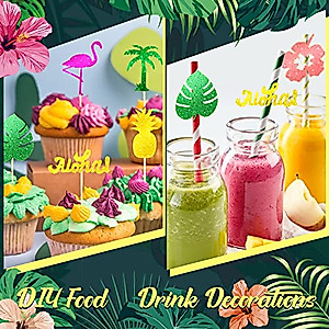 360 Tropical Hawaii Luau Confetti Flamingo Cupcake Toppers Pineapple Palm Leaves Hibiscus Flowers Confetti Table Decor for Summer Beach Party Baby Shower Wedding Aloha Party Supplies Favor