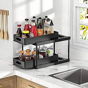 HOMTECH Double Sliding Cabinet Organizer Drawer-Under Sink Organizers & Storage-2 Tier Slide Out Cabinet Organizer- Storage Shelf for Bathroom & Kitchen- Accessory Included Hand Drying Ball, Black