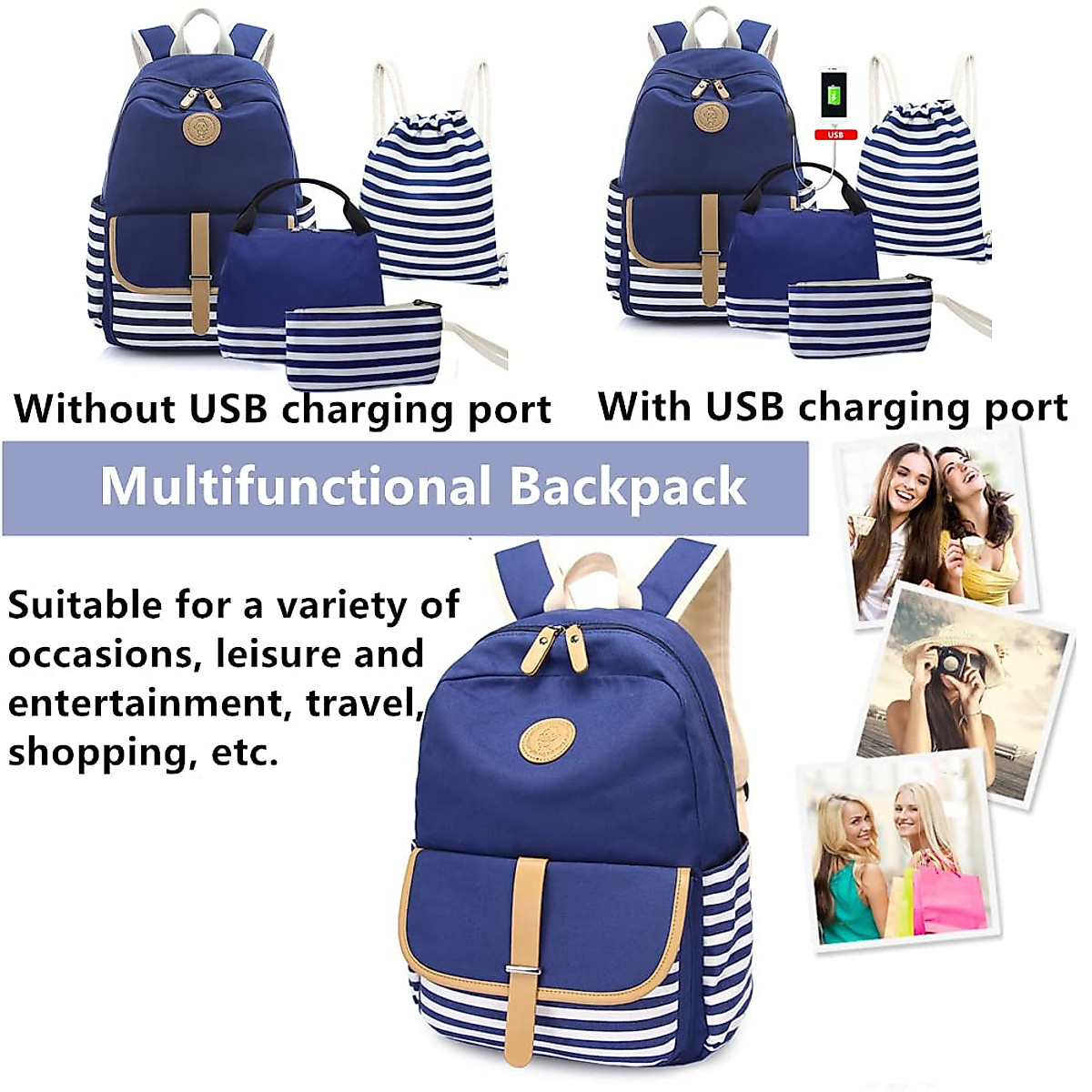4 Piece Striped Student Backpack set Boys Girls School Bag Teen Leisure Travel Bag