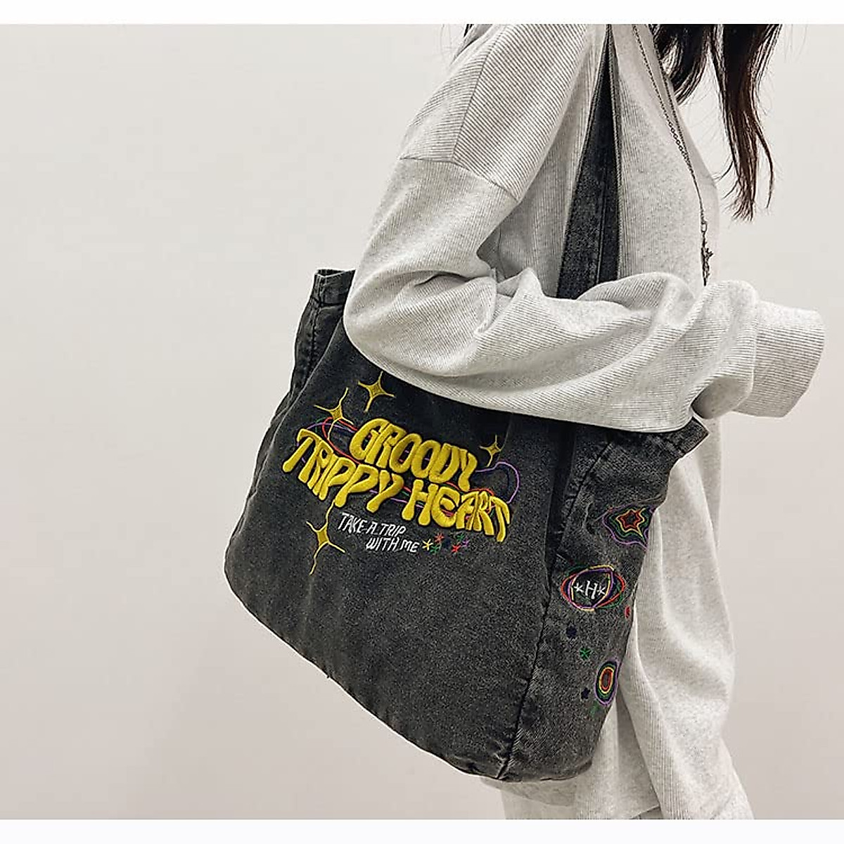 Embroidered Canvas Tote Bag, Denim Shoulder Bag With Zipper, Large Capacity Wallet, Denim Canvas Tote Bag (Black)