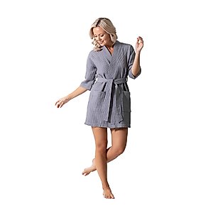 Lightweight Waffle Weave Bath, Spa & Bridesmaids Kimono Short Robes (Gray, L)