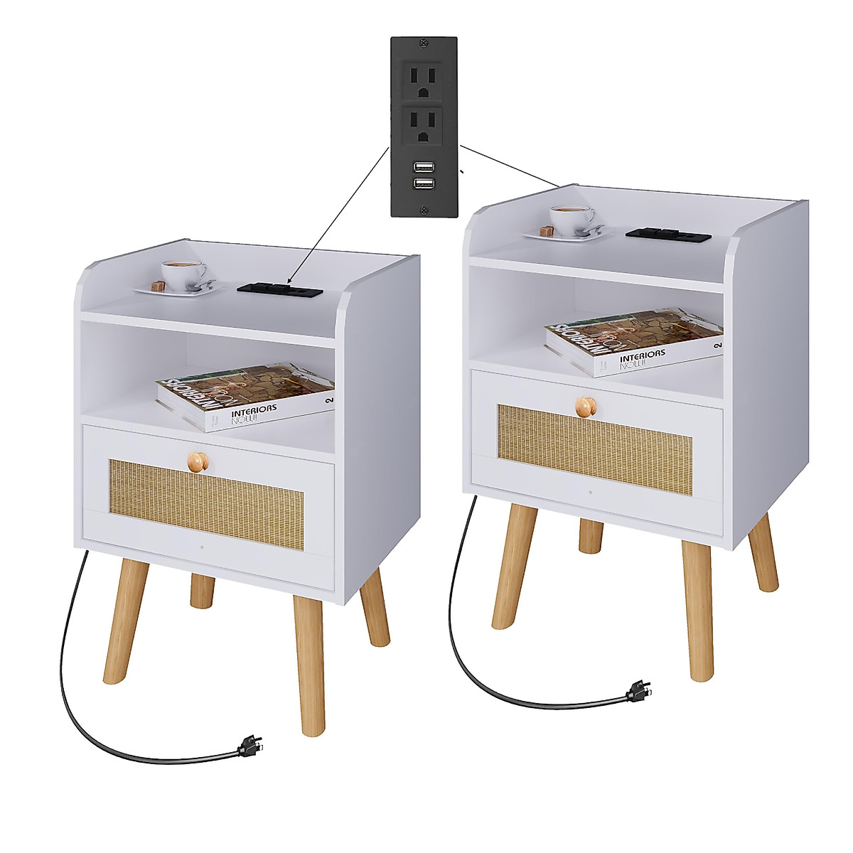 Gyger Nightstand Set of 2，Wood Nightstand with Charging Station，Bed Side Table with Rattan Decor Drawer，Small Night Table with Storage for Bedroom,White