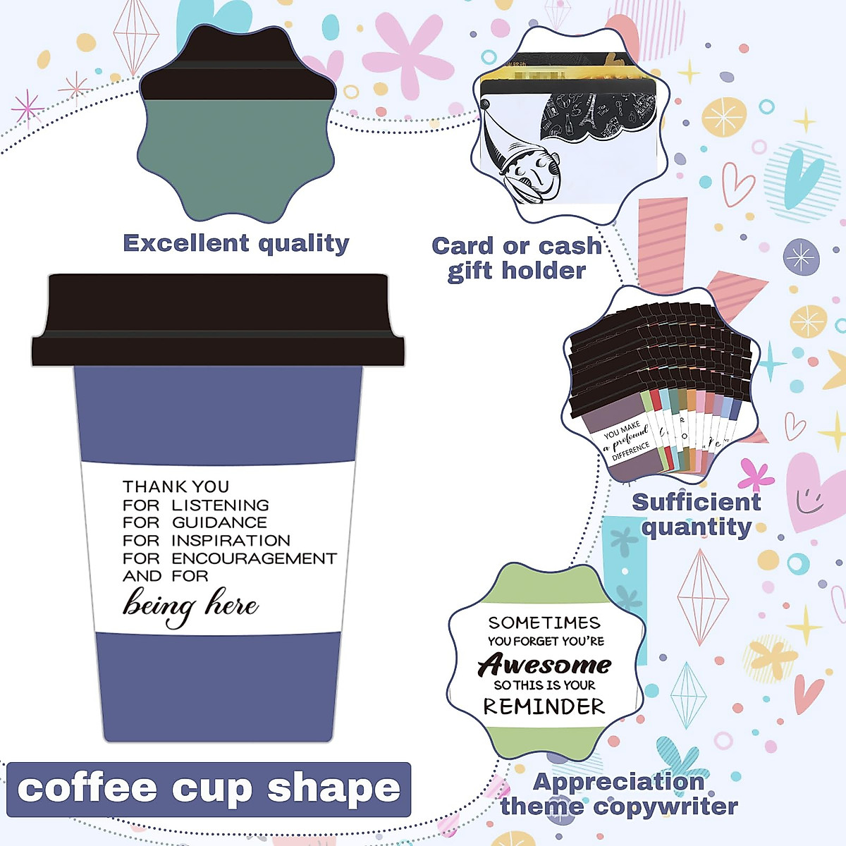 Dinifee 48 Set Teacher Appreciation Gift Card Holder Employee Appreciation Cards Holder Graduation Coffee Cup Card Thank You Gift Card Holder End of Year Gifts for Coworker Teachers(Staff)