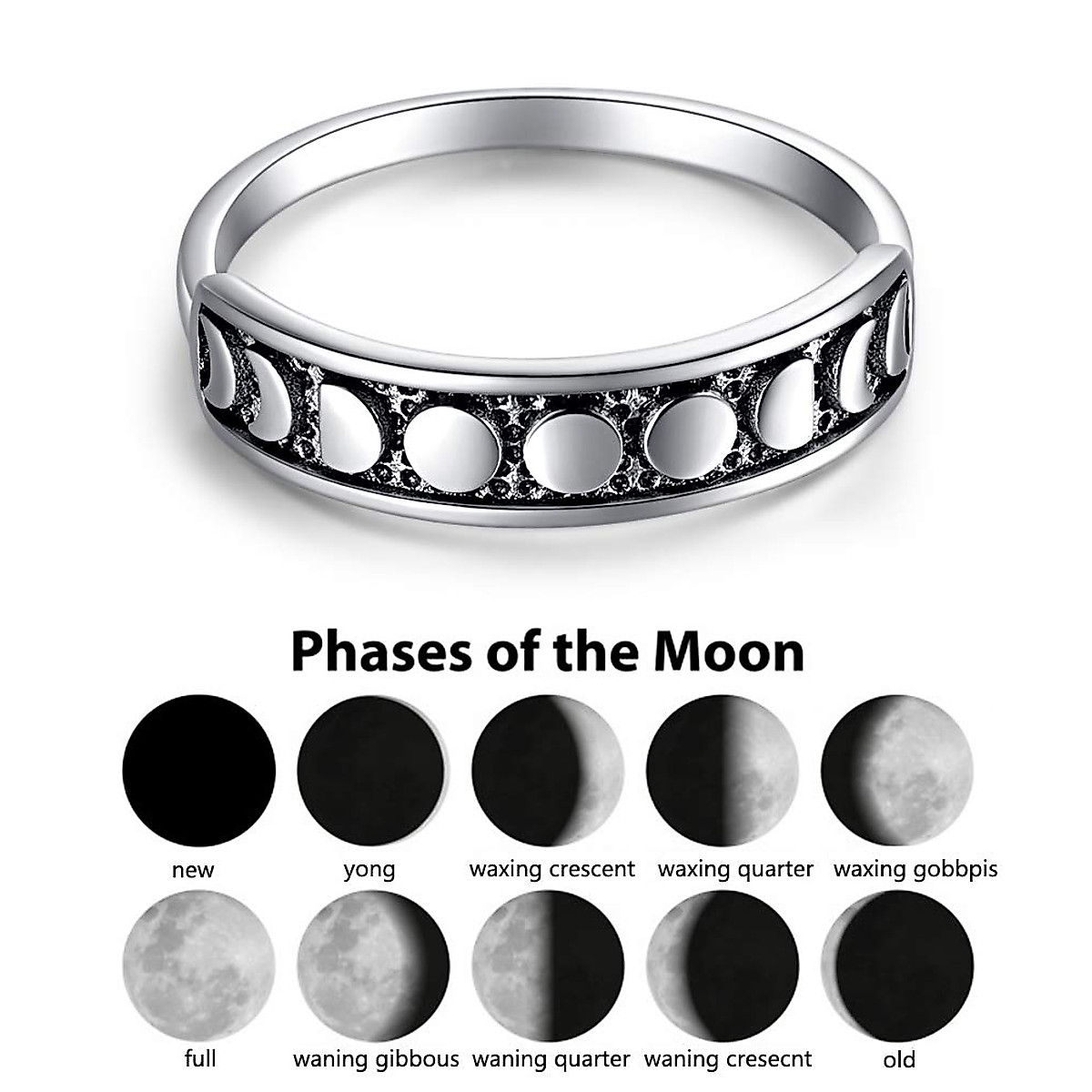 Bamos Moon Phase Engagement Ring, Pure 925 Sterling Silver Moon Ring Wedding Ring for Women, 9 Moon Phases from New Moon to Old Moon on Chrome Plated Mesh Base, Size 6 7 8 9 10