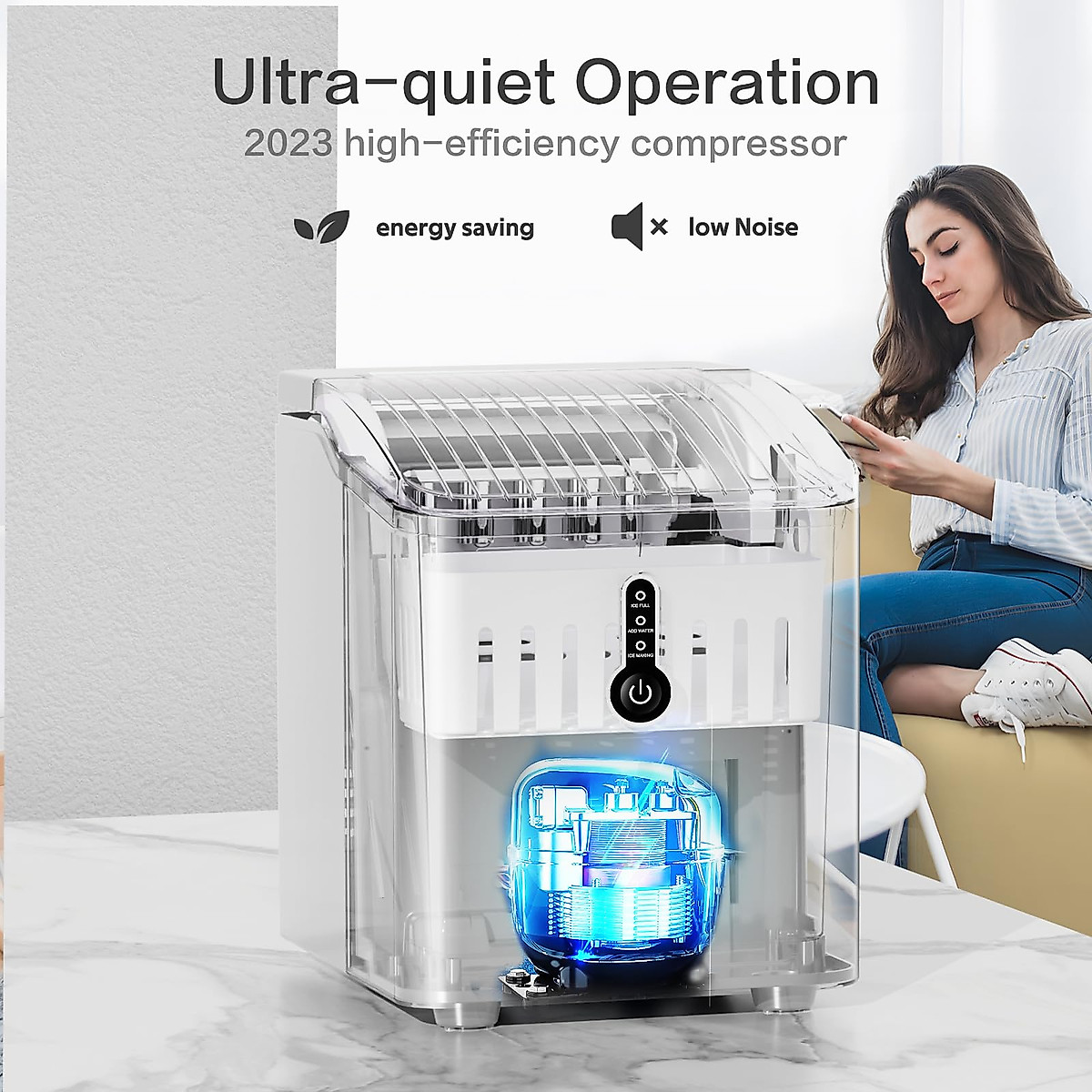 ZAFRO Ice Maker Countertop, Portable Ice Maker with Self-Cleaning, 26Lbs/24Hrs, 9 Cubes Ready in 8 Mins, One-Click Operation, Compact Ice Maker with Ice Scoop/Basket for Home/Kitchen/Office, Silver