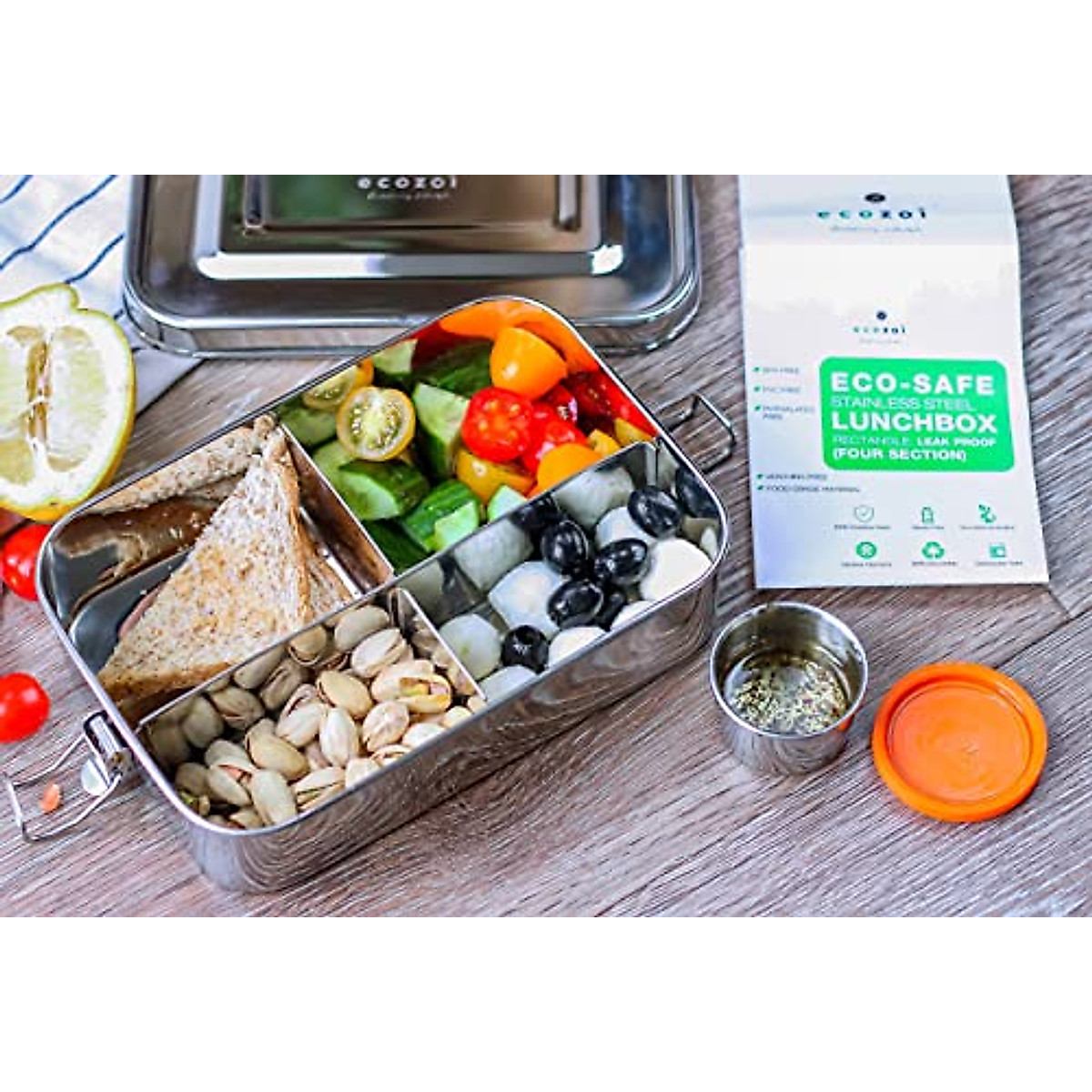 ecozoi Stainless Steel Eco Lunch Box, Leak Proof, 4 Compartment | Sustainable Zero Waste Eco Friendly Bento Box Food Storage Container