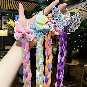 6Pcs Girls Colored Braids Hair Extensions with Rubber Bands, Rainbow Braided Hairpieces Hair Bows Wig Ponytails Kids Favor DIY Hair Accessories for Girls Gift Birthday Party Cosplay Daily Dress Up