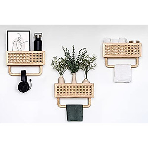 Wood Floating Shelf Rattan Shelve Wall Décor with Towel Rack for Kitchen - Bathroom - Living Room - Laundry Room & Bedroom - Wood Floating Shelves for Wall - Natural Wood Shelves - Rattan Wall Shelf