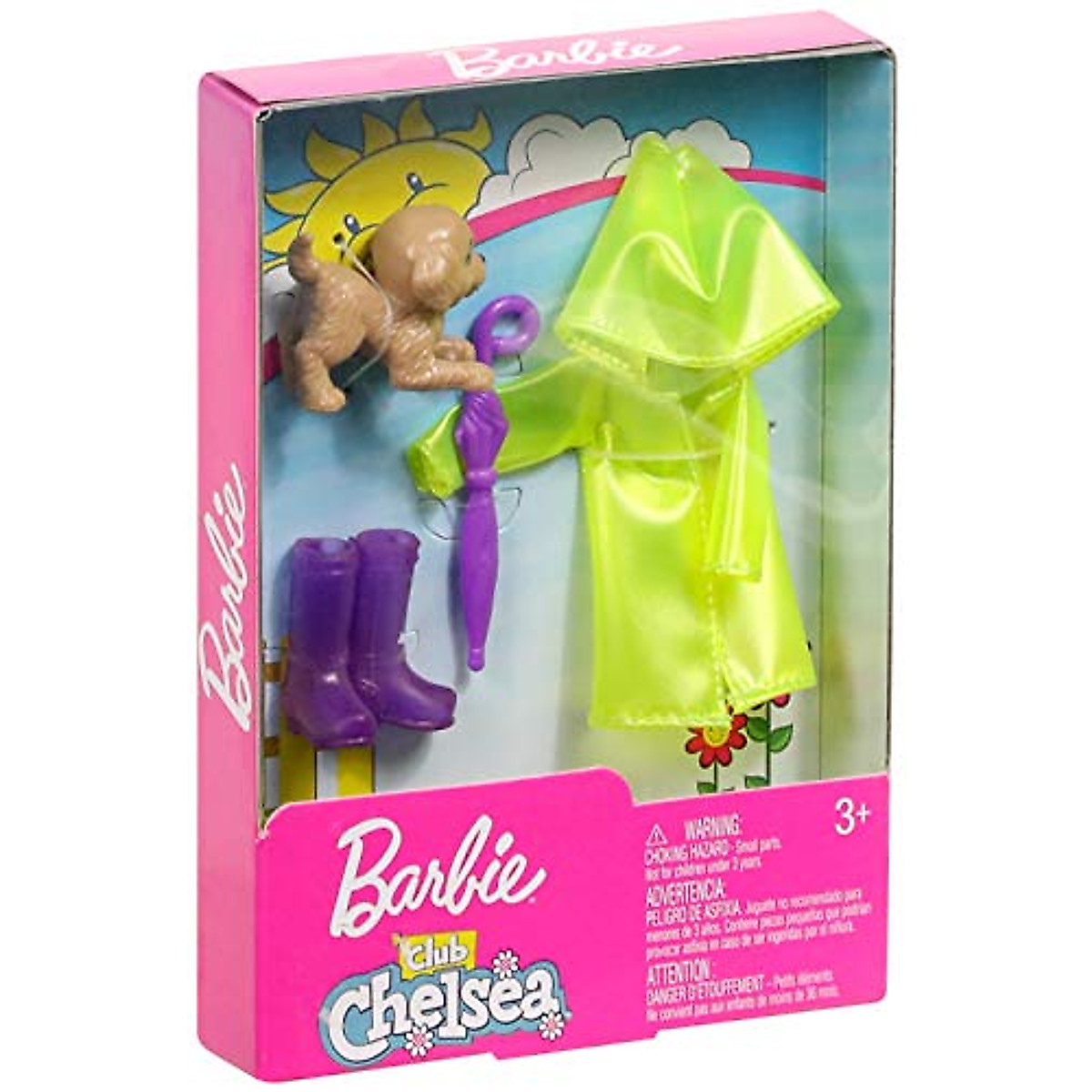 Barbie Club Chelsea Accessory Pack, Rainy Day-Themed Clothing and Accessories for Small Dolls, 4 Pieces for 3 to 7 Year Olds Include Raincoat, Umbrella and Puppy