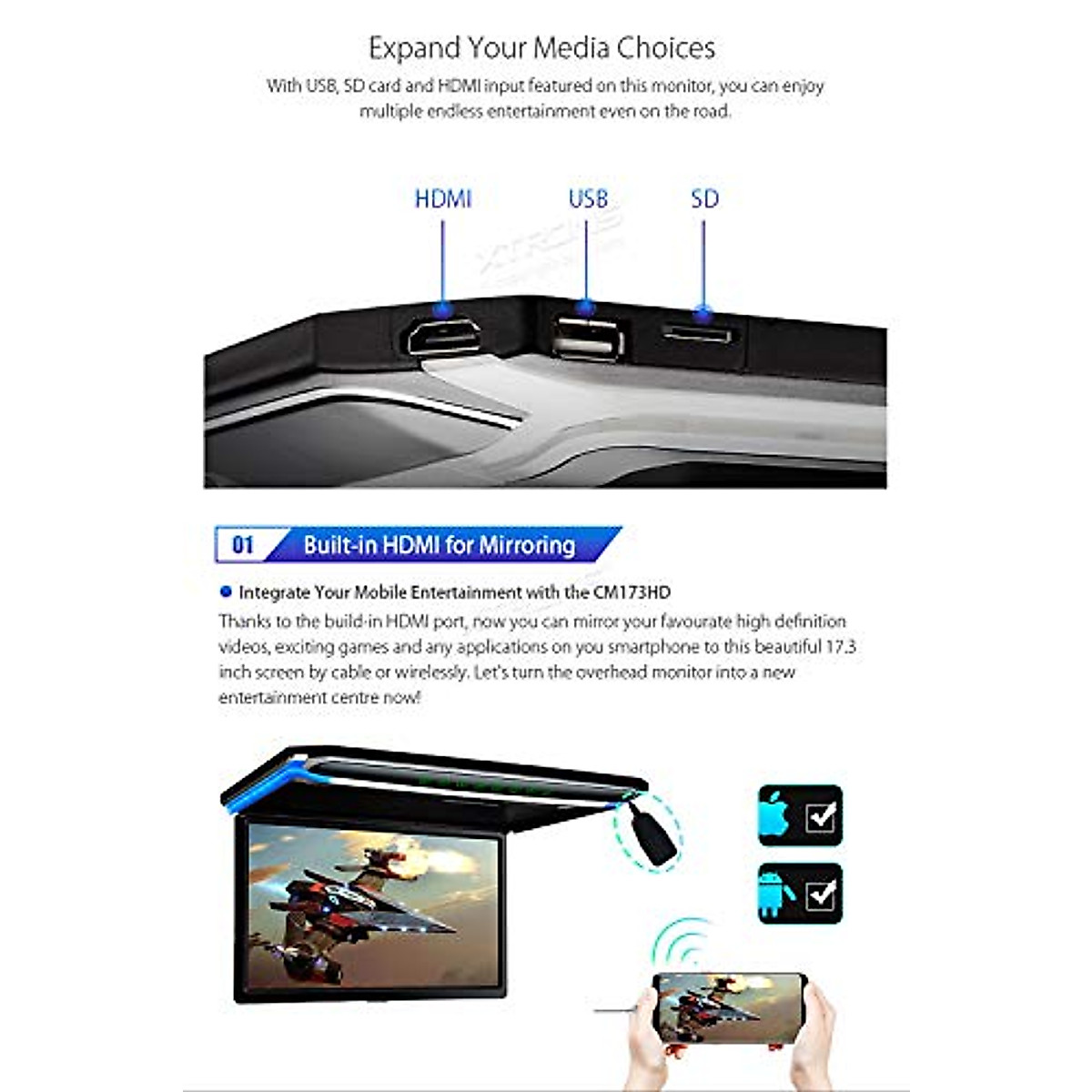 XTRONS® 17.3 Inch 16:9 Ultra-Thin FHD Digital TFT Screen 1080P Video Car Overhead Player Roof Mounted Monitor HDMI Port 1920 * 1080 Full High Definition (No DVD)
