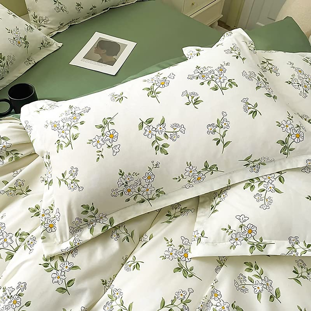 Kimko Floral Bedding Set with Zipper Closure Reversible Soft Flower Duvet Cover Set,Easy Care,Breathable and Durable【4Pcs -1 Duvet Cover + 1 Flat Sheet + 2 Pillowcases】 (Queen, # 05)
