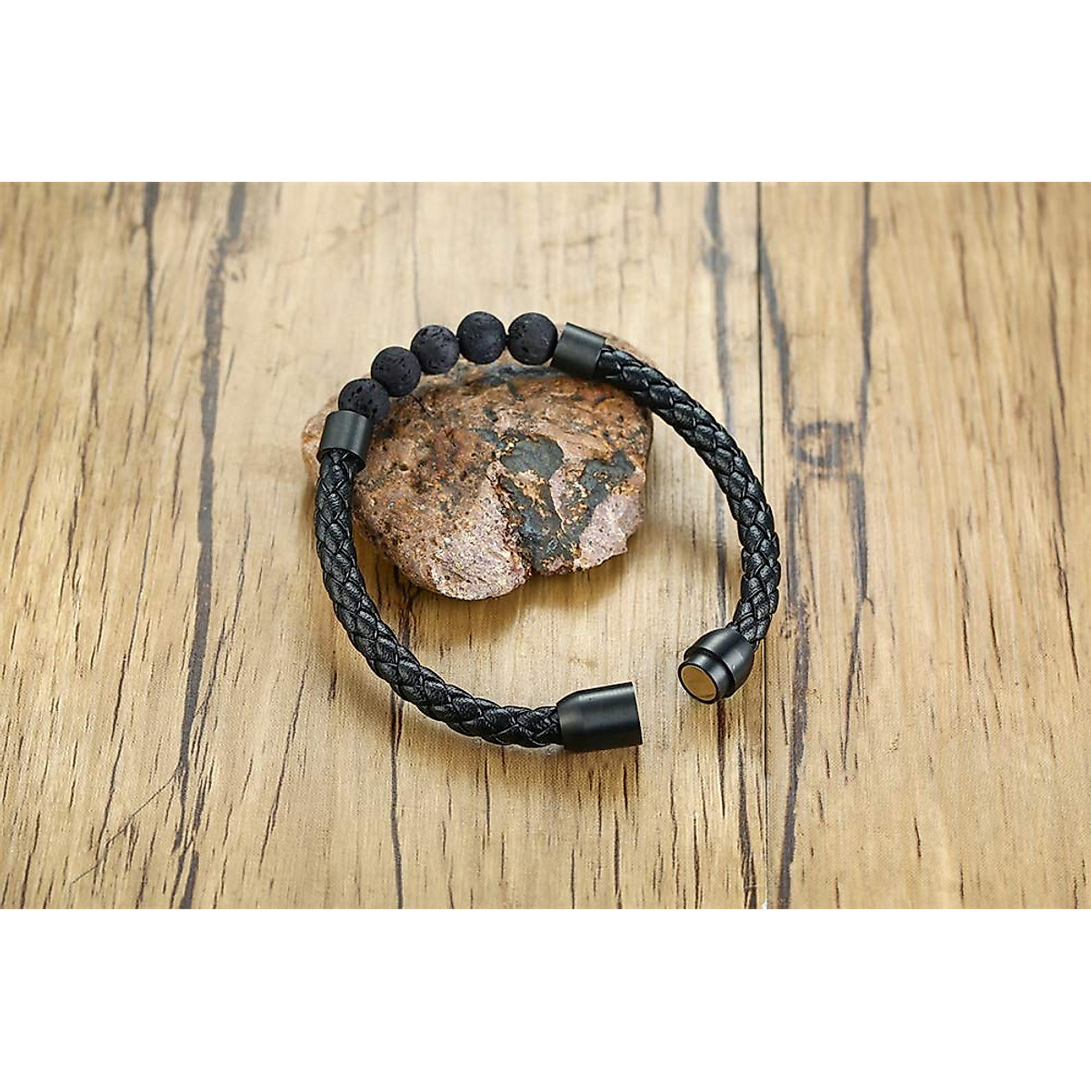 Beads Leather Bracelet for Men - Black Natural Stone Bracelets,Trendy Lava Rock Bead Braided Leather Bracelets Jewelry for Him,Anniversary Birthday Valentine's Day Christmas Gift for Men Cross