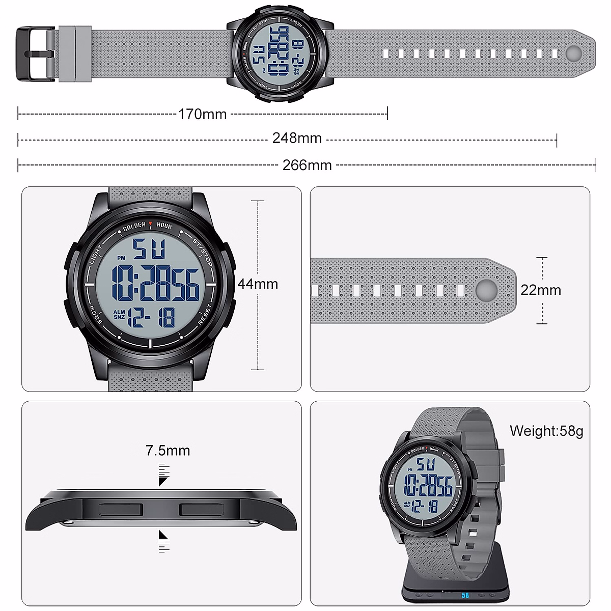 GOLDEN HOUR Ultra-Thin Minimalist Sports Waterproof Digital Watches Men with Wide-Angle Metal Case Bright Display Rubber Strap Wrist Watch for Men Women in Gray