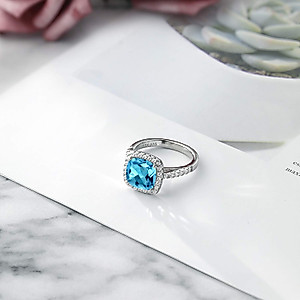 Gem Stone King 925 Sterling Silver Swiss Blue Topaz and White Created Sapphire Engagement Ring For Women (2.80 Cttw, Cushion Cut 8MM, Available in size 5, 6, 7, 8, 9)
