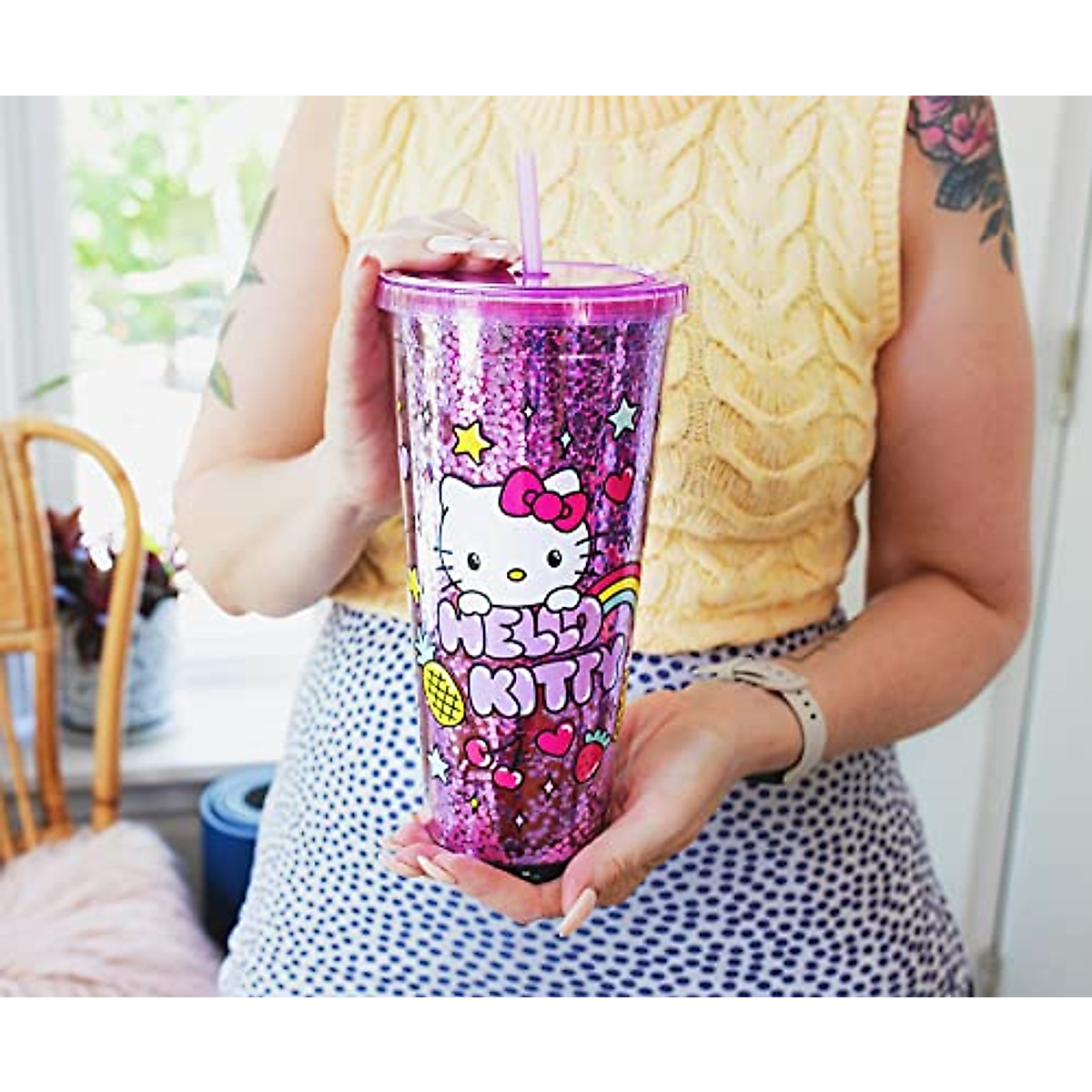 Silver Buffalo Sanrio Hello Kitty Rainbow Confetti Carnival Cup with Lid and Straw | 32 Ounces