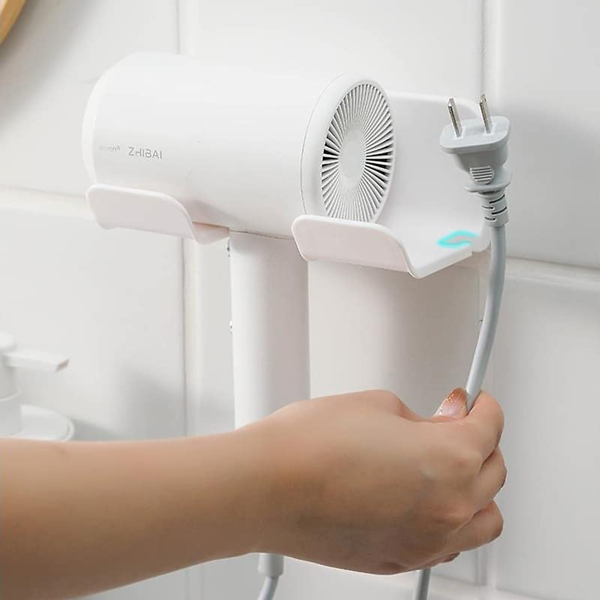 JCYUANI Hair Dryer Holder Wall Mounted Hair Dryer Rack Adhesive Blow Dryer Holder Bathroom Organizer Rack Holder Fit for Most Hair Dryers White