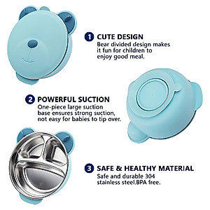 ufengke Stainless Steel Baby Feeding Bowl, Toddler Suction Plate with Lid Spoon and Fork, Perfect for Children (Blue)