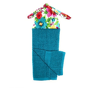 Red Pink Yellow Floral Flowers with Teal Turquoise Green Leaves Ties On Stays Put Kitchen Hanging Loop Hand Dish Towel and Set of 2 Square Pot Holders Hot Pads Trivets Hostess Housewarming Gift