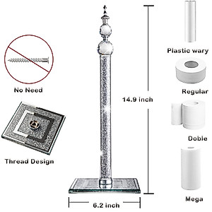 Handmade Silver Paper Towel Roll Holder,Crystal Crushed Diamonds Paper Towel Roll Decorative with Base Freestanding Holder for Kitchen Bathroom Towel Tissue Roll Countertop(13.5 inch Height)