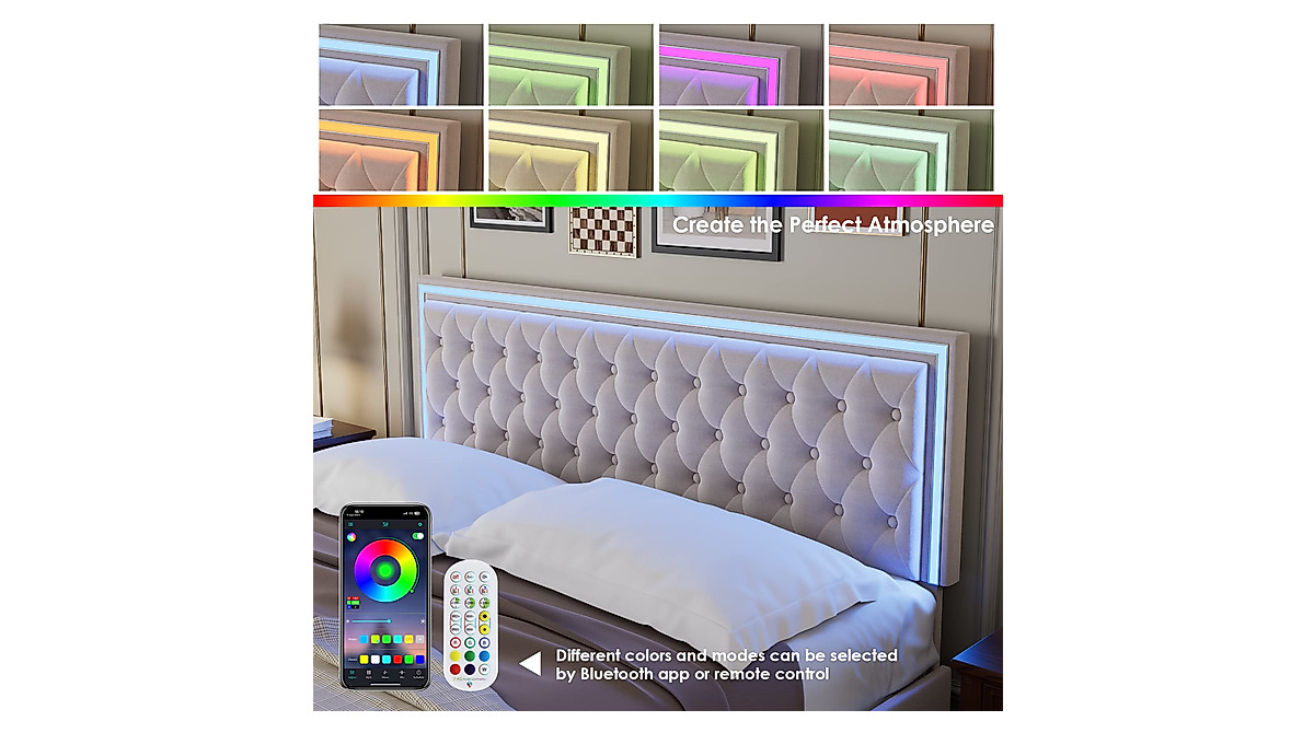 Keyluv King Upholstered LED Bed Frame with 4 Drawers, Velvet Platform ...