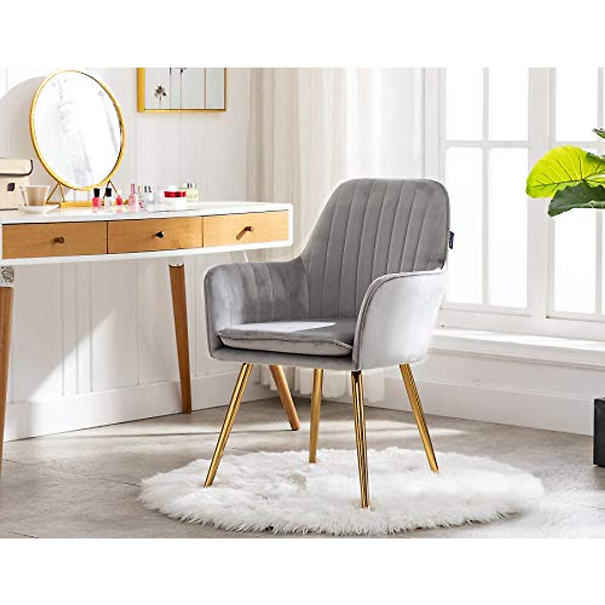 Artechworks Velvet Modern Living Dining Room Arm Chair Club Leisure Guest Lounge Bedroom Upholstered Chair with Gold Metal Legs, Gray