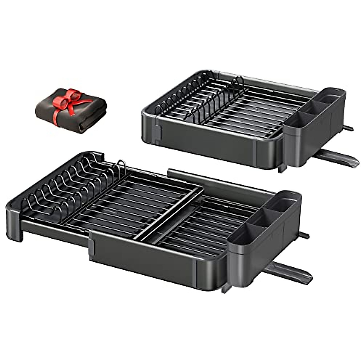 Dish Drying Rack, Aluminium Rustproof Expandable (14.9''-22.3'') Kitchen Counter Dish Rack with Drainboard, Dish Drainer with Drying Mat Utensil Holder Sink Caddy, Black