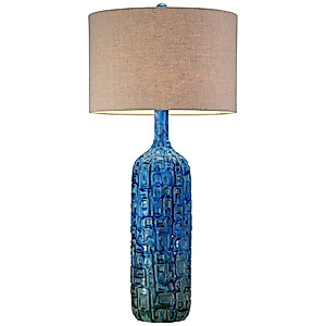Possini Euro Design Mid Century Modern Style Table Lamp with Table Top Dimmer 36" Tall Teal Glaze Ceramic Tan Linen Drum Shade for Living Room Bedroom House Bedside Home Entryway (Colors May Vary)