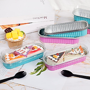 DI QIU REN 50Pack Disposable Mini Loaf Pan with Lid and Spoon, 0.42 Pound Rectangular Aluminum Silver Mini Loaf Pan for Loaf, Cake, Brownie, Cupcake