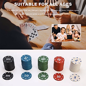 Lynkaye 100 Pcs Poker Chips with Storage Box, Plastic Poker Card Chips with Denomination Printed Number for Texas Home Nights, Learning Math Counting, Bingo, Family Game Token