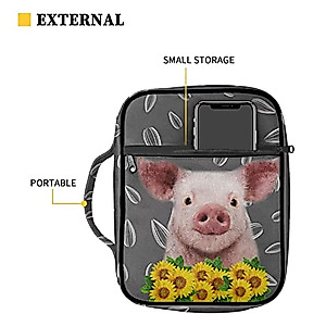 Drydeepin Yellow Sunflower Cute Pig Print Women Bible Covers Large Bible Tote Handbags with Zippered Bible Study Supplies Lightweight Church Carrying Bag,Grey