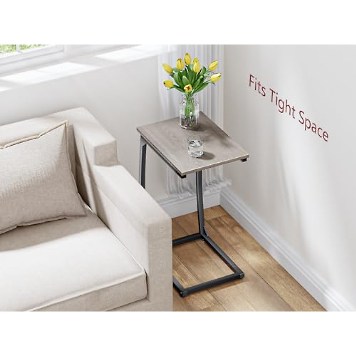 LAKEMID C Shaped End Table Set of 2, Side Table for Couch, Small Sofa Table with Metal Frame, Couch Table for Small Spaces, TV Tray Table for Living Room Bedroom (Grey)