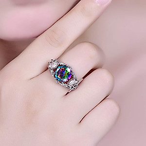 Narica Silver Plated Round Cut Created Rainbow Topaz CZ Cubic Zirconia Filled Eternity Halo Cocktail Wedding Engagement Dainty Sunflower Band Elegant Women's Flower Ring for Mom Bridal Lover 10#