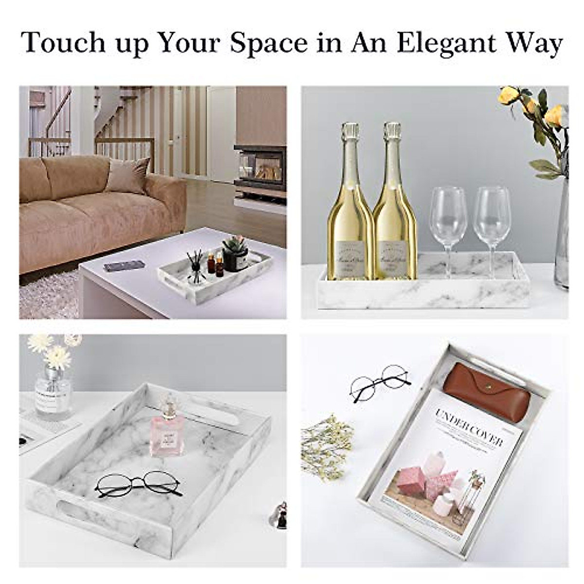 Lewondr Serving Tray with Wide Handles, PU Leather Ottoman Cofee Table Serving Tray, 14.96"x9.45"x1.97" Decorative Tray for Perfume Cosmetic Jewelry Key, Countertop Storage Organizer - Marble White