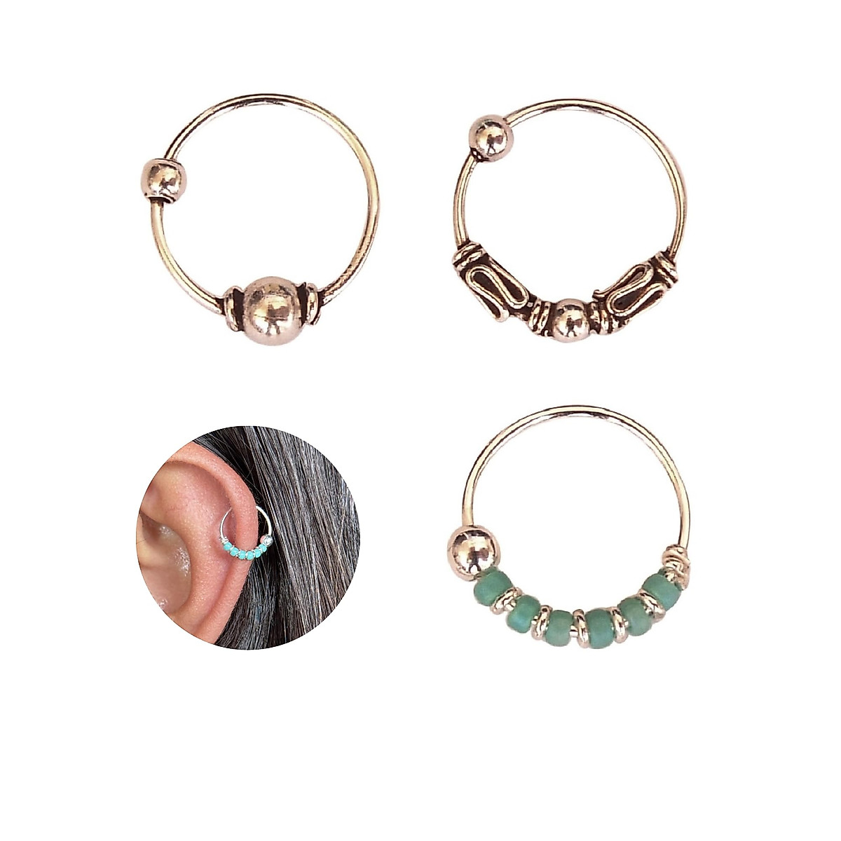 Handmade Silver 3Pcs Very Small 10MM Cartilgae Helix Piercing Hoop Earrings, 925 Sterling Silver, Thin 22Gauge Triplet Set of 3 Original Hoops for women, 1xBeaded 1xSpiral 1xBall, By Miya Jewelry