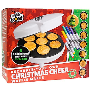 Christmas Holiday Waffle Maker w 6 Edible Food Markers- Make X-Mas Breakfast Fun w Delicious Decorated Pancakes or Waffles- Electric Nonstick Waffler Iron, Fun Gift for Kids & Adults, Family Activity