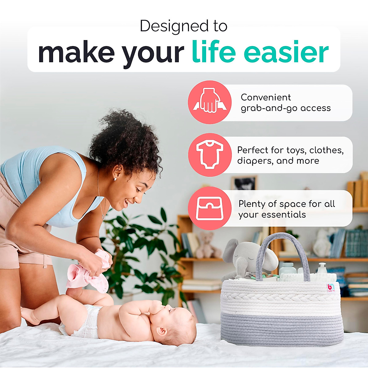 Babynma Rope Diaper Caddy - Storage for Baby and Toddler Items - Portable Cotton Organizer Easily Holds Diapers, Wipes, Clothing - Useful for Nursery, Bedroom (Gray, Extra Large)