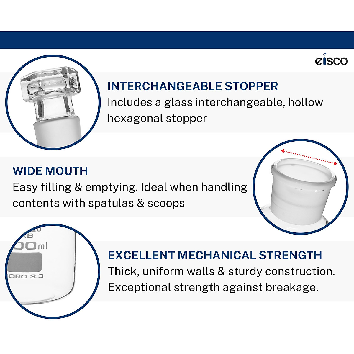 Eisco Labs 60ml Reagent Bottle - Borosilicate Glass with Wide Mouth and Stopper