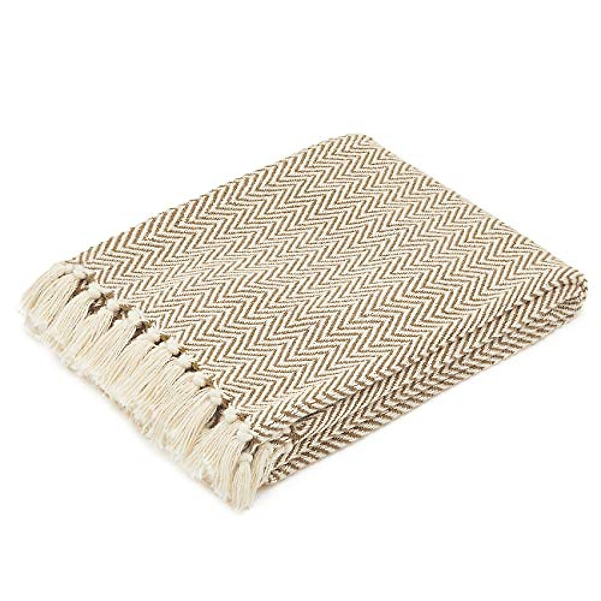 Americanflat 100% Cotton Throw Blanket for Couch - 50x60 - All Seasons Neutral Lightweight Cozy Soft Throws for Bed, Sofa or Chair.door or Outdoor [Khaki and Beige Herringbone]