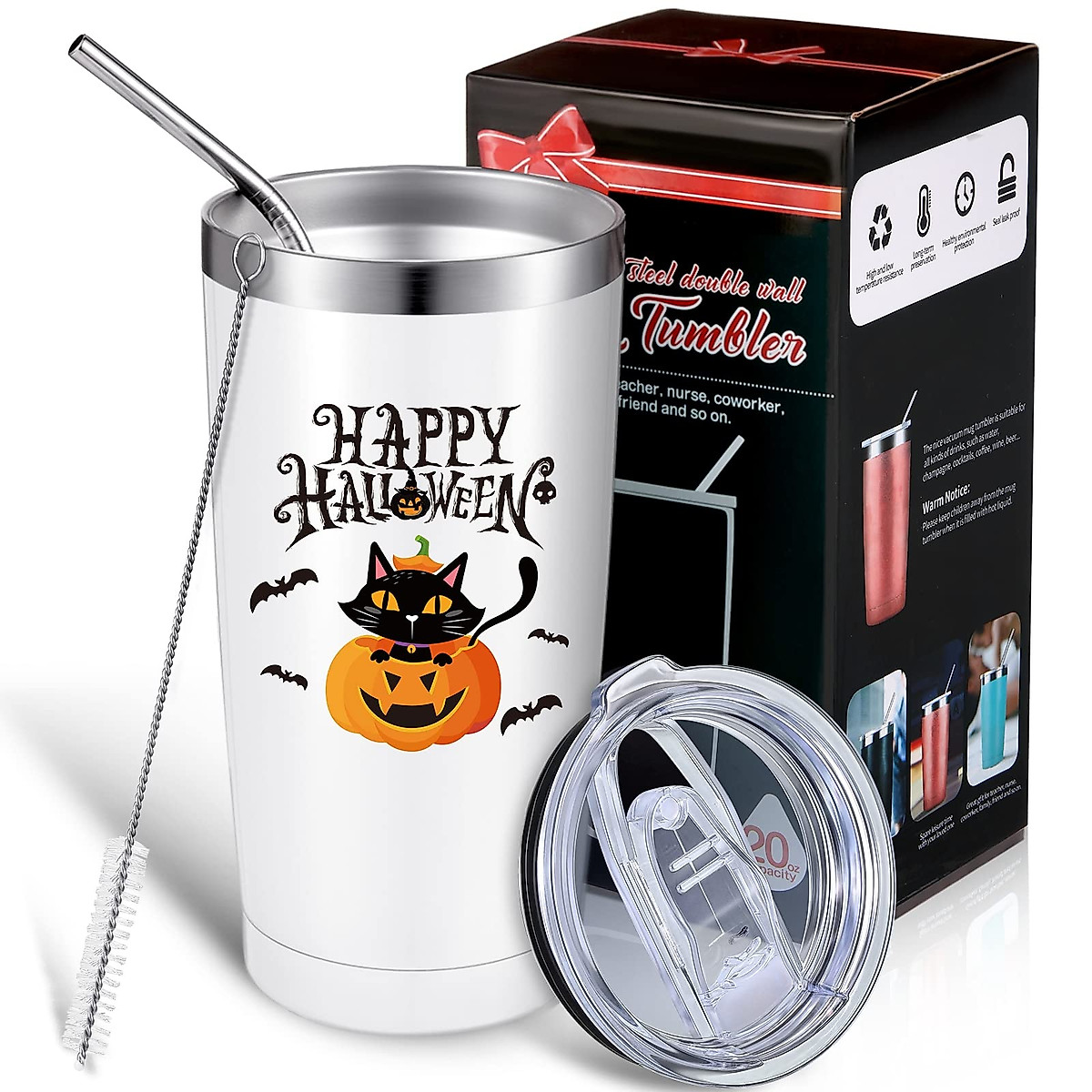 Geiserailie Happy Halloween Tumbler Gift Funny Pumpkin Bat Black Cat Travel Mug 20 oz Vacuum Insulated Tumbler with Stainless Steel Straw and Cleaning Brush for Halloween Party Favor Supply