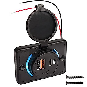 RV USB Outlet, 12 Volt USB Wall Outlet with 18W PD USB-C and Quick Charge 3.0 USB-A Charger Socket, Dual Port 12V-24V Quick Car Charger Panel Type C USB Car Charger Socket Power Outlet with Cap