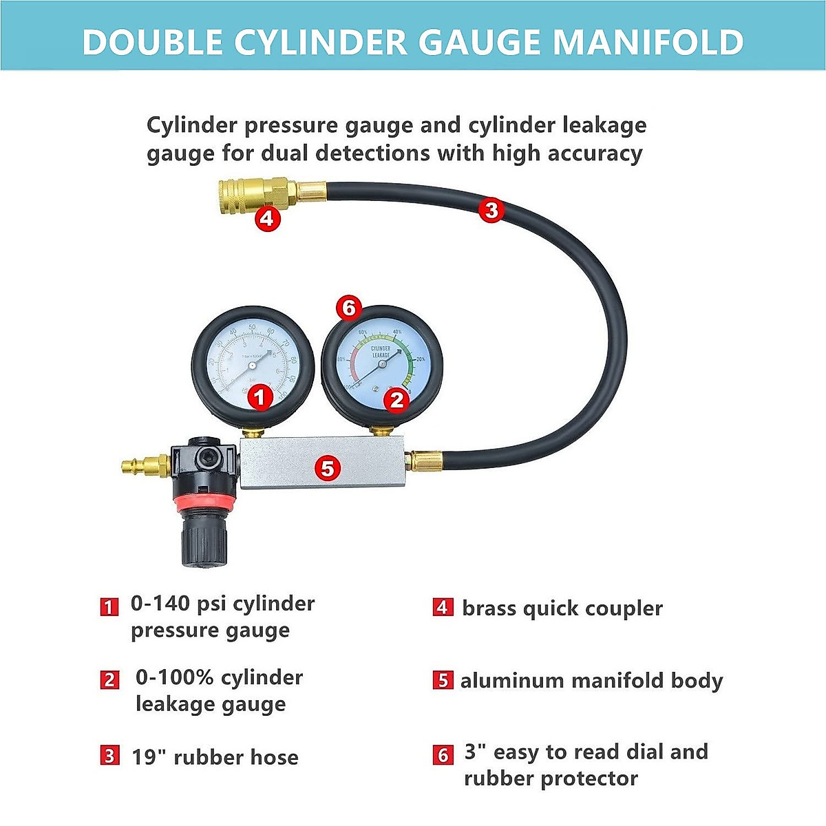 Prokomon Cylinder Leak Down Tester,Gasoline Engine Cylinder Dual Gauge Leakdown Compression Tester kit with 10 12 14mm Spark Plugs on Car Truck Motorcycle