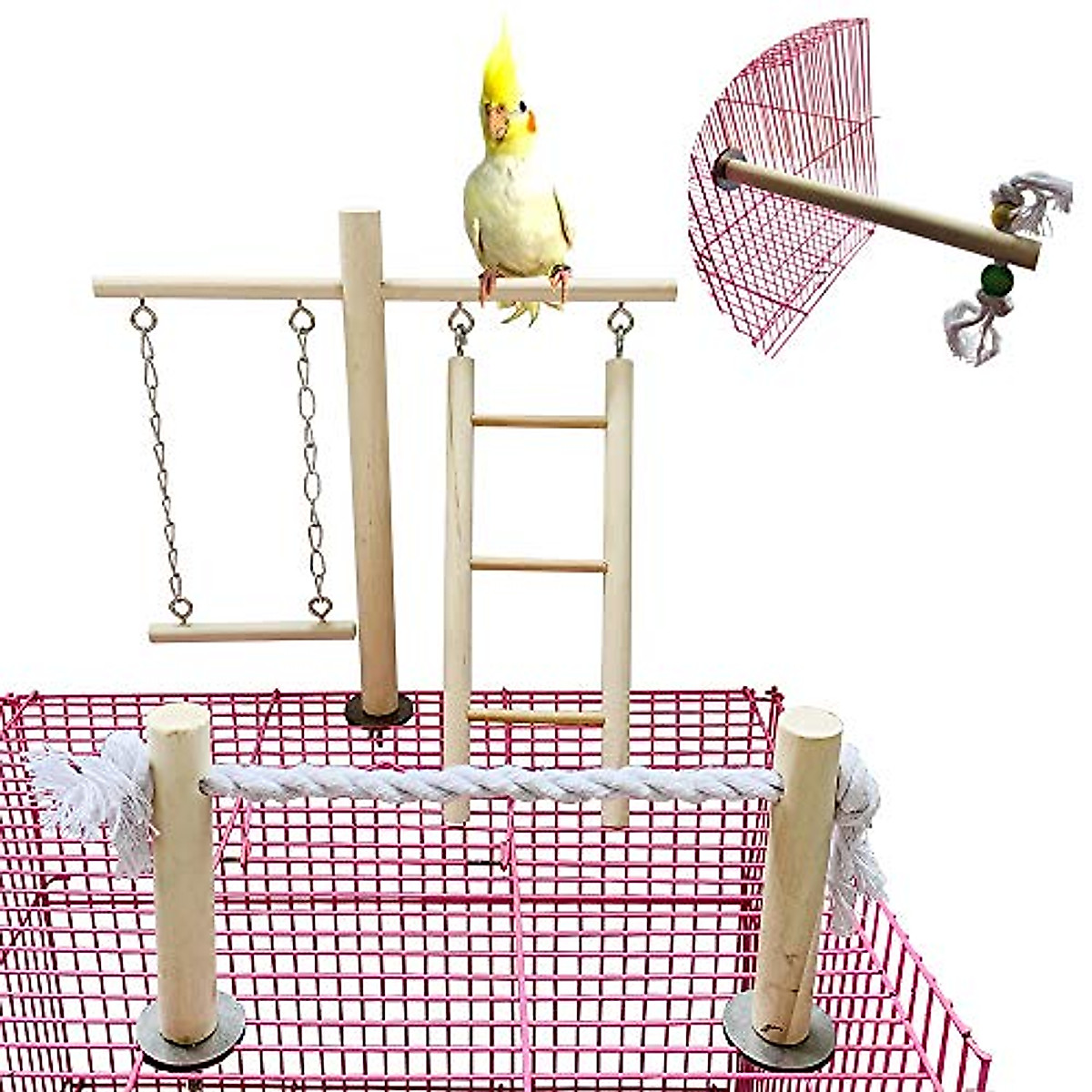PINVNBY Parrot Climbing Ladder Swing Toy Natural Wood Bird Cage Play Gyms Playground Stand Rope Perch for Parakeet Cockatiel Conure Love Birds Finch African Grey Macaw Amazon Budgies