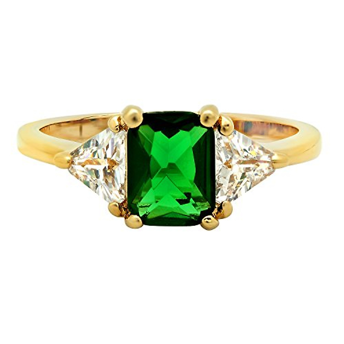 The Bling Factory Gold Plated Emerald-Cut Forest Green CZ Three-Stone Ring, Size 10