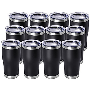 DOMICARE 20oz Tumbler with Lid Stainless Steel Tumblers Bulk, Double Wall Vacuum Insulated Coffee Travel Mug Powder Coated Tumbler, 12 Pack Black