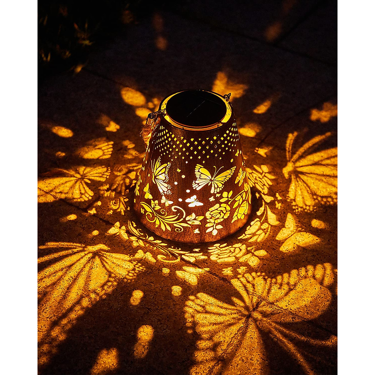 Birodeko Solar Lantern Outdoor Garden - Waterproof Large Hanging LED Lights, Warm White Retro Landscape Decorative Metal Lanterns for Patio, Yard, Pathway | Bronze, Butterfly