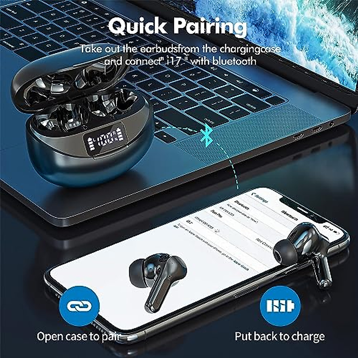 Bcaikair Wireless Earbuds Bluetooth Headphones 36H Playtime Ear Buds with LED Power Display Charging Case & Deep Bass, IPX7 Waterproof Earphones Microphone Stereo Headset for iPhone and Android Laptop